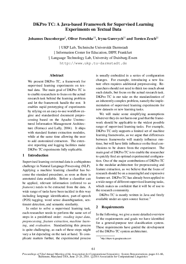 Pdf Dkpro Tc A Java Based Framework For Supervised Learning