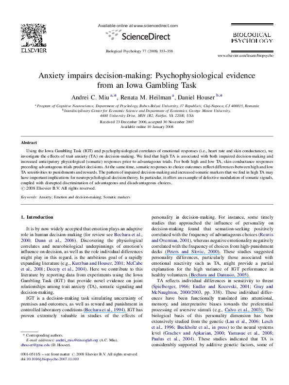 (PDF) Anxiety impairs decision-making: Psychophysiological evidence ...