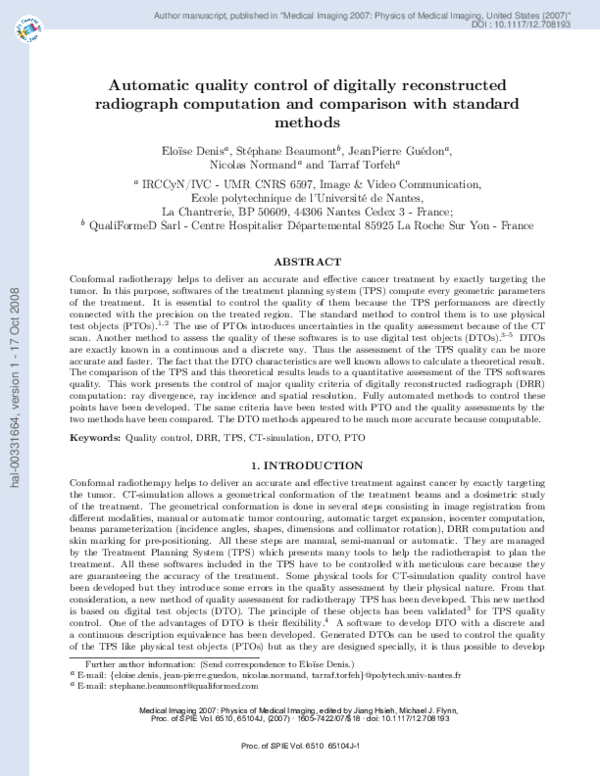 (PDF) Automatic quality control of digitally reconstructed radiograph computation and comparison ...