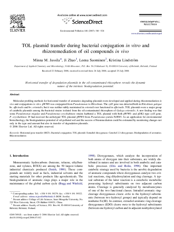 (PDF) TOL plasmid transfer during bacterial conjugation in vitro and ...