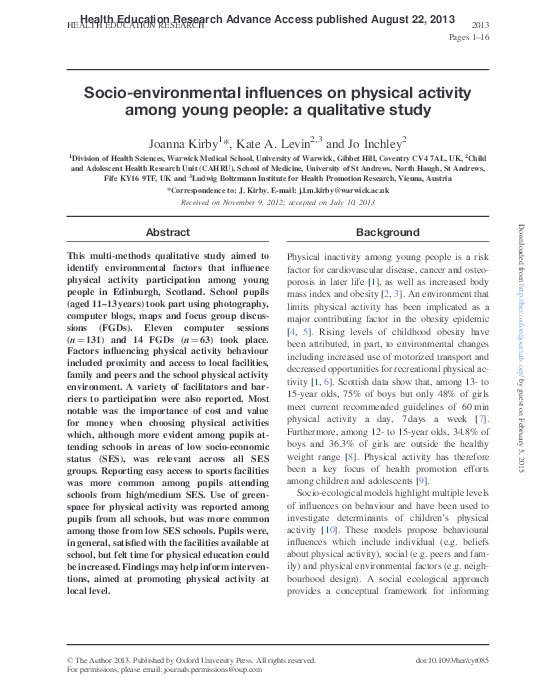 (PDF) Socio-environmental influences on physical activity among young ...
