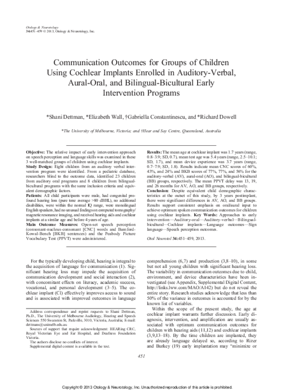 (PDF) Communication Outcomes for Groups of Children Using Cochlear ...