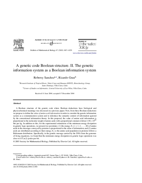 Pdf Boolean Structure Of Genetic Information System