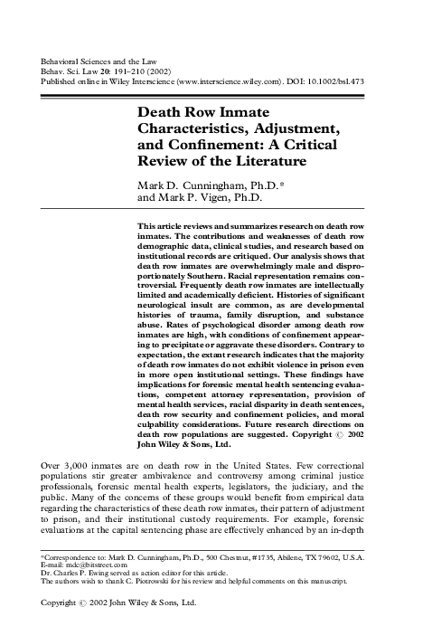 (PDF) Death row inmate characteristics, adjustment, and confinement: a ...