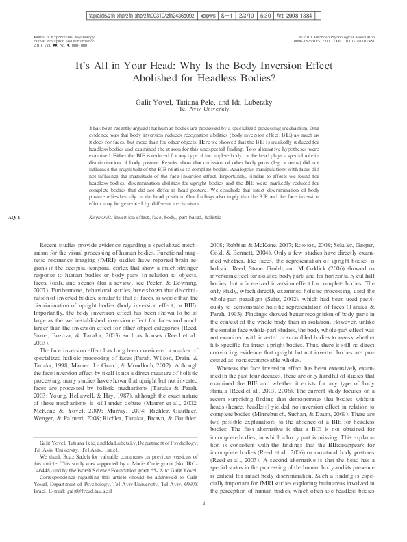 (PDF) It's all in your head: Why is the body inversion effect abolished ...