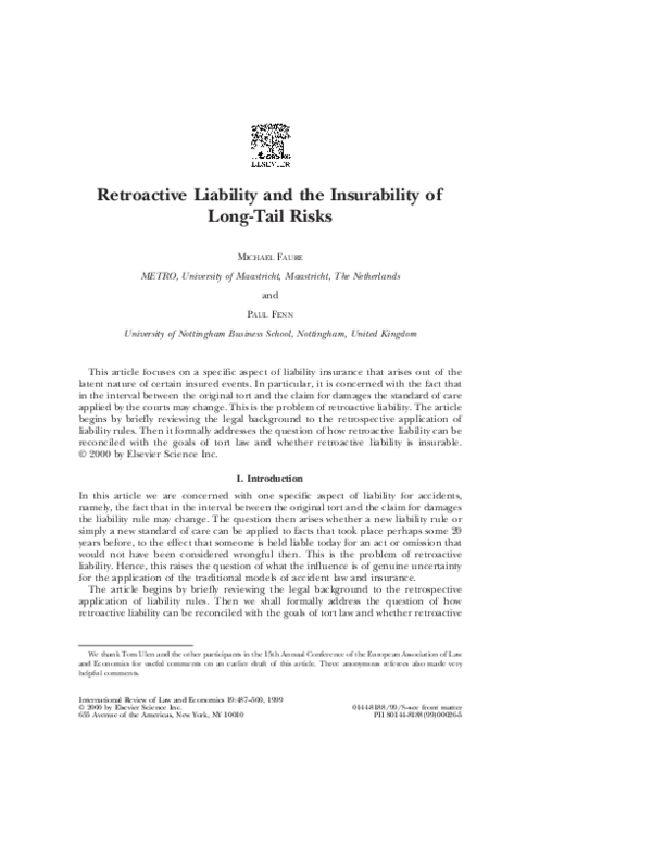 (PDF) Retroactive liability and the insurability of long-tail risks