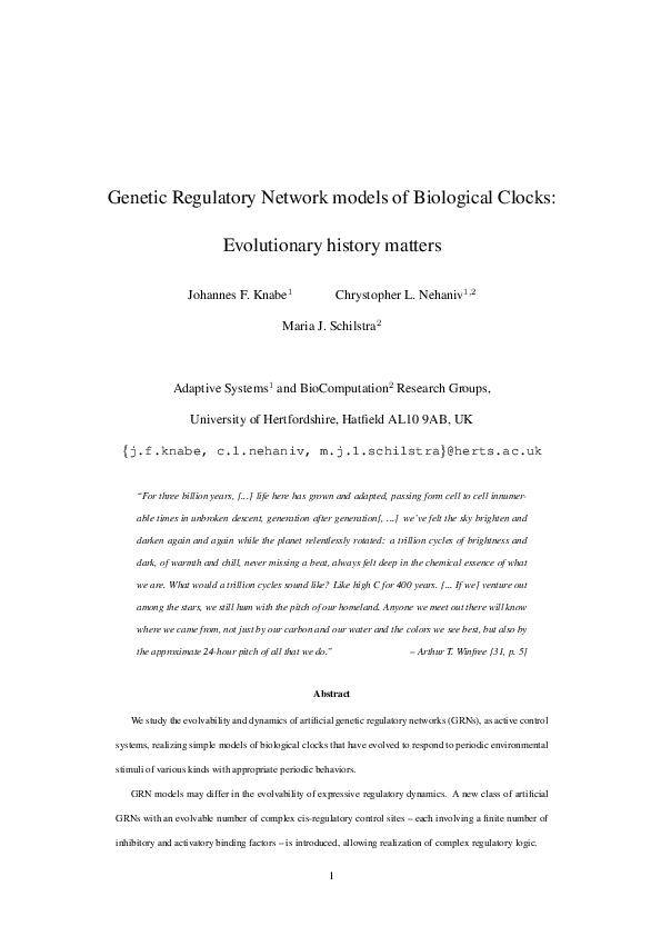 (PDF) Genetic Regulatory Network Models of Biological Clocks: Evolutionary History Matters