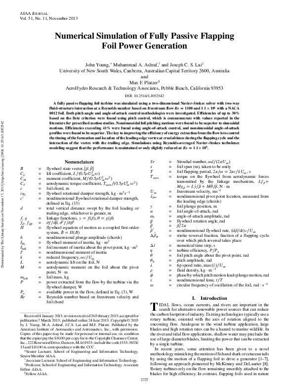(PDF) Numerical Simulation of Fully Passive Flapping Foil Power Generation