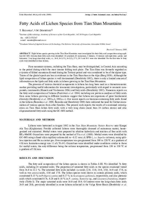 (PDF) Fatty acids of lichen species from Tian Shan Mountains