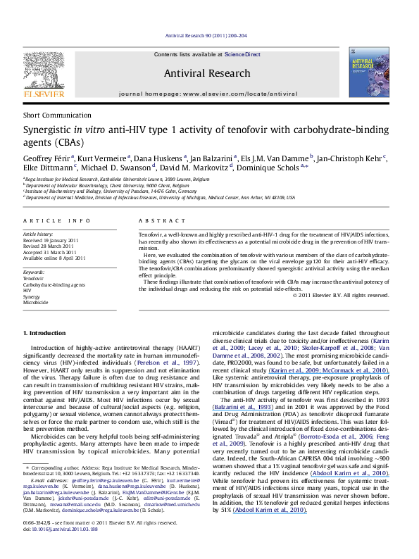 (PDF) Synergistic in vitro anti-HIV type 1 activity of tenofovir with carbohydrate-binding ...