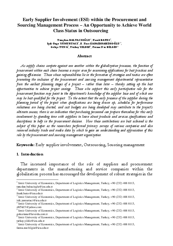 (PDF) Early Supplier Involvement (ESI) within the Procurement and ...