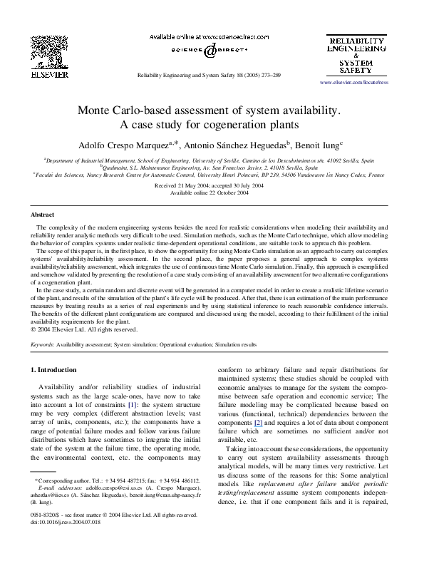 (PDF) Monte Carlo-based assessment of system availability. A case study for cogeneration plants