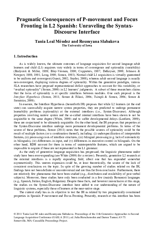 (PDF) Pragmatic Consequences of P-movement and Focus Fronting in L2 Spanish: Unraveling the ...