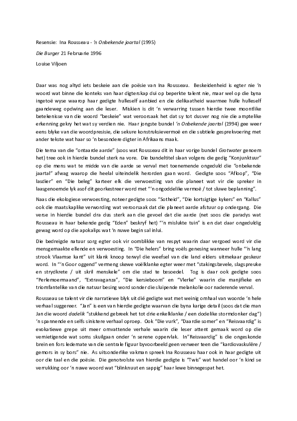 (PDF) Resensie: Ina Rousseau - 'n Onbekende jaartal (1995)