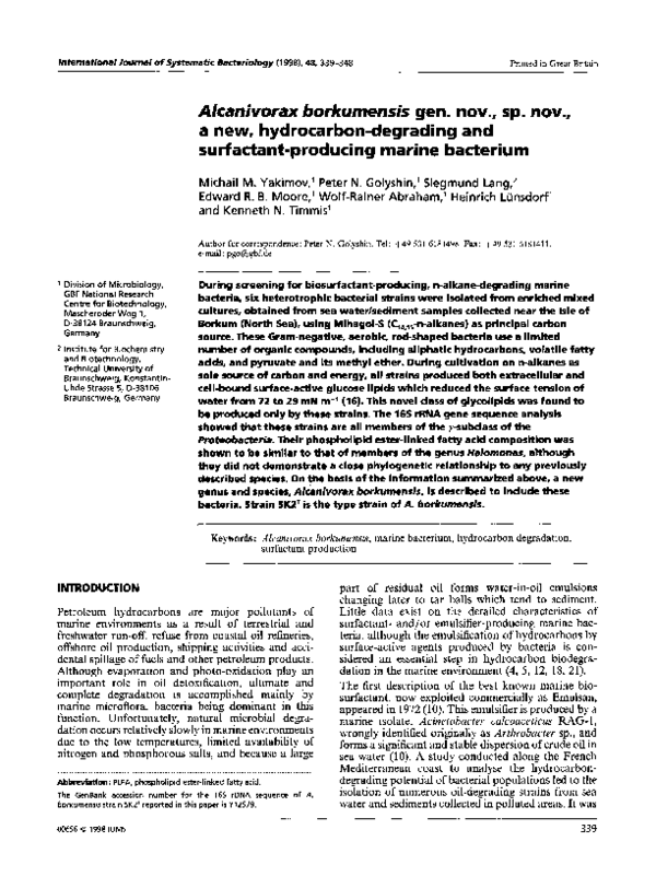 (PDF) Alcanivorax borkumensis gen. nov., sp. nov., a new, hydrocarbon ...