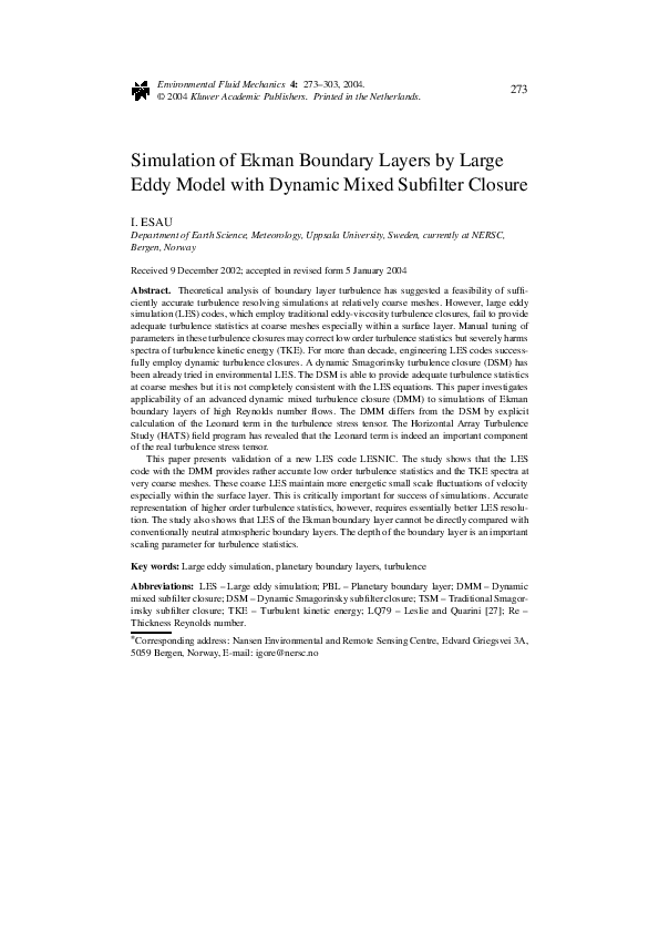 (PDF) Simulation of Ekman Boundary Layers by Large Eddy Model with Dynamic Mixed Subfilter Closure