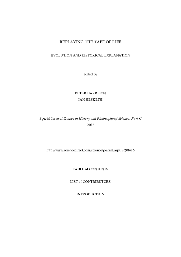 (PDF) REPLAYING THE TAPE OF LIFE EVOLUTION AND HISTORICAL EXPLANATION edited by