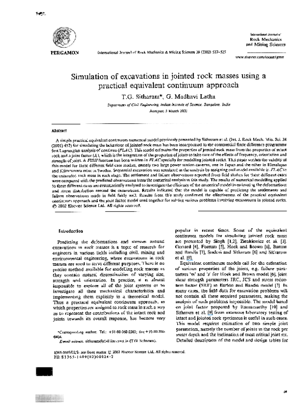 (PDF) Simulation of excavations in jointed rock masses using a practical equivalent continuum ...