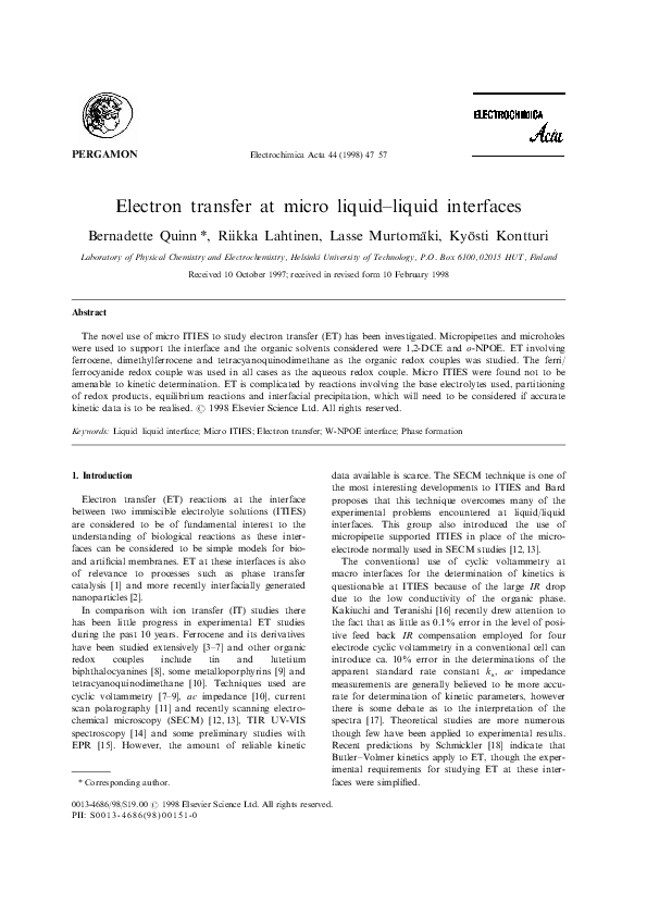 (PDF) Electron transfer at micro liquid–liquid interfaces