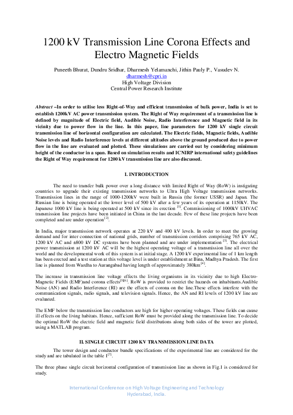 (PDF) 1200 kV Transmission Line Corona Effects and Electro Magnetic Fields