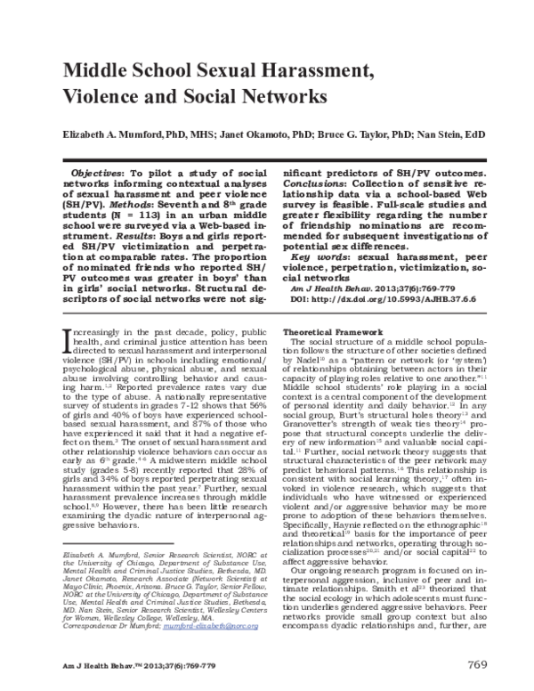 (PDF) Middle School Sexual Harassment, Violence and Social Networks