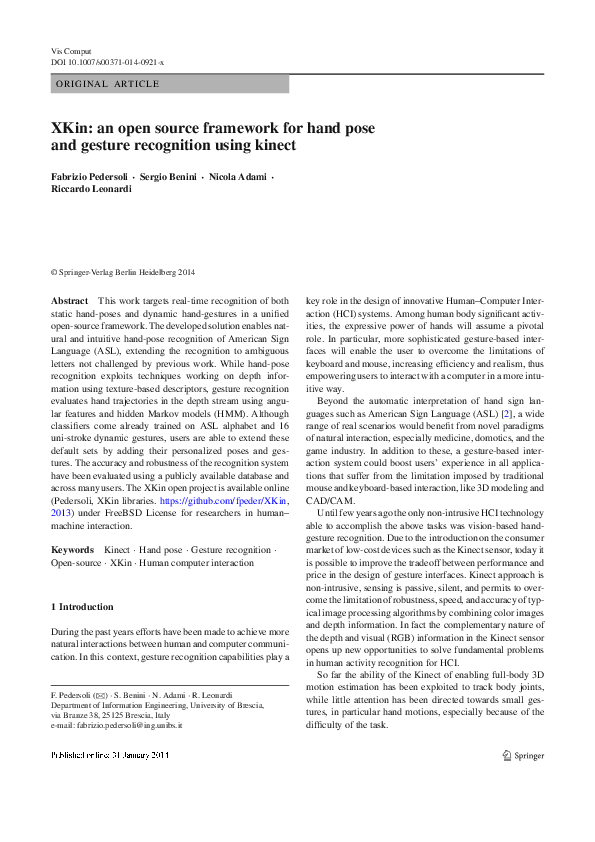 (PDF) XKin: an open source framework for hand pose and gesture recognition using kinect