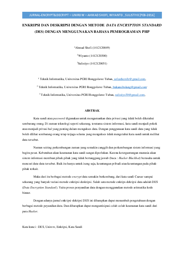 Pdf Enkripsi Dan Deskripsi Data Encryption Standard Des Php
