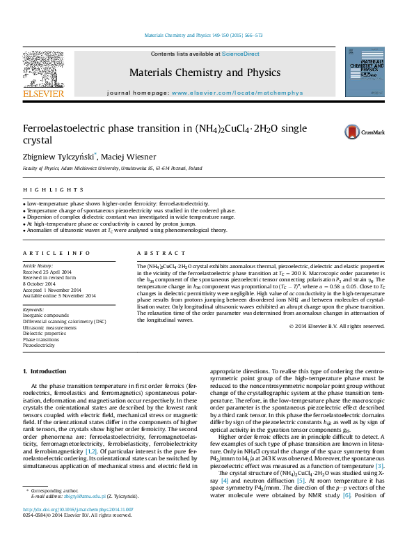 (PDF) Ferroelastoelectric phase transition in (NH4)2CuCl4·2H2O single crystal