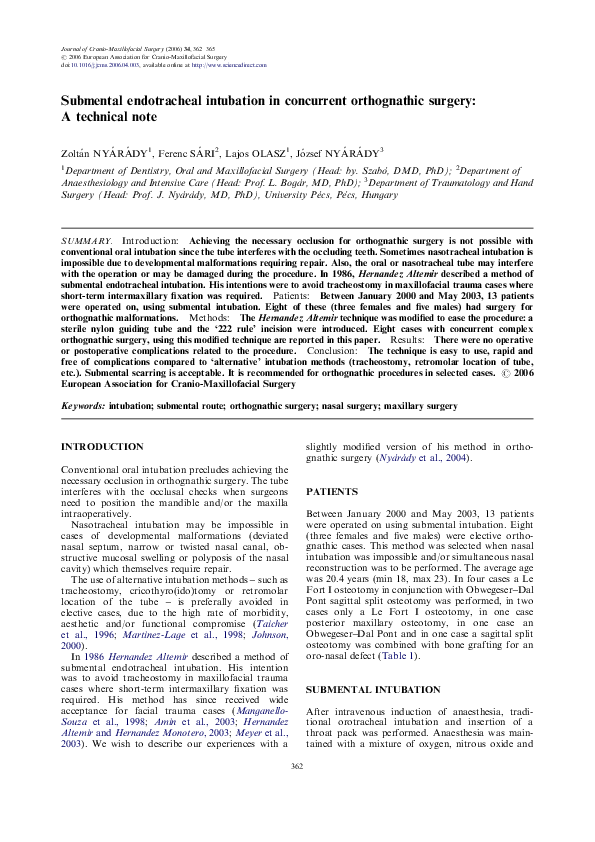 (PDF) Submental endotracheal intubation in concurrent orthognathic ...