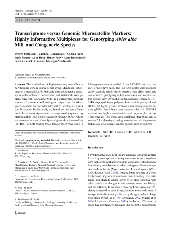 (PDF) Transcriptome versus Genomic Microsatellite Markers: Highly Informative Multiplexes for ...