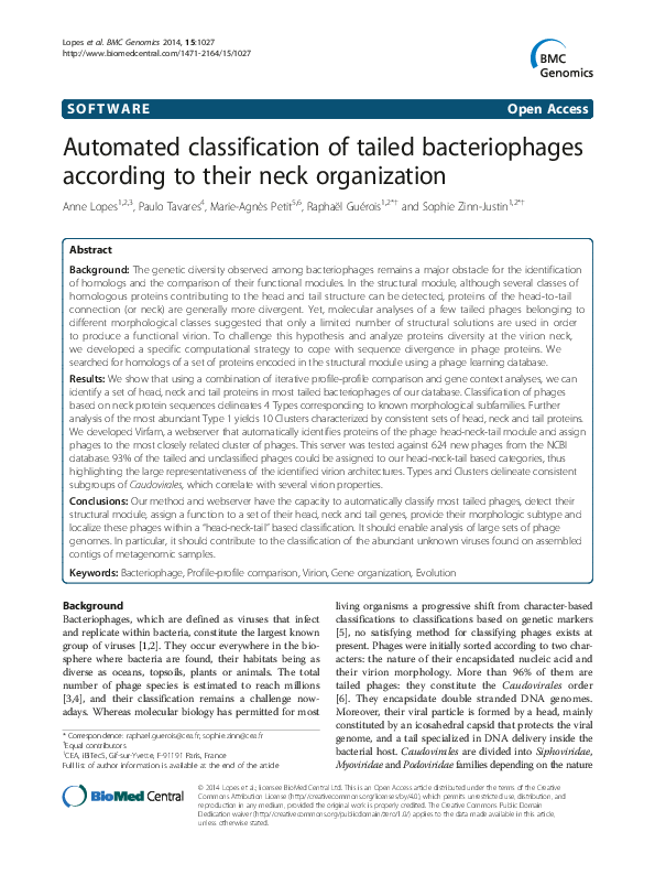 Pdf Automated Classification Of Tailed Bacteriophages According To Their Neck Organization