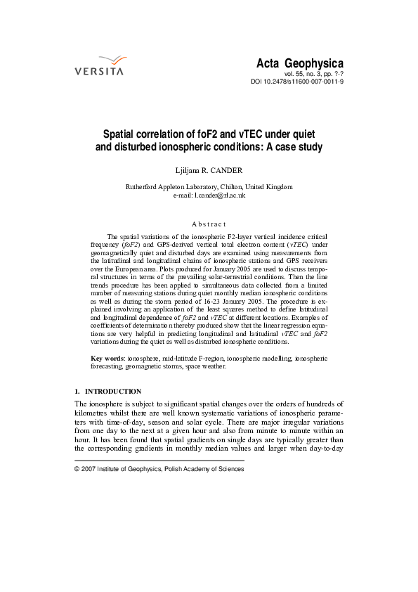 (PDF) Spatial correlation of foF2 and vTEC under quiet and disturbed ionospheric conditions: A ...