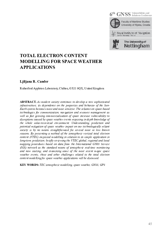 (PDF) Total electron content modelling for space weather applications