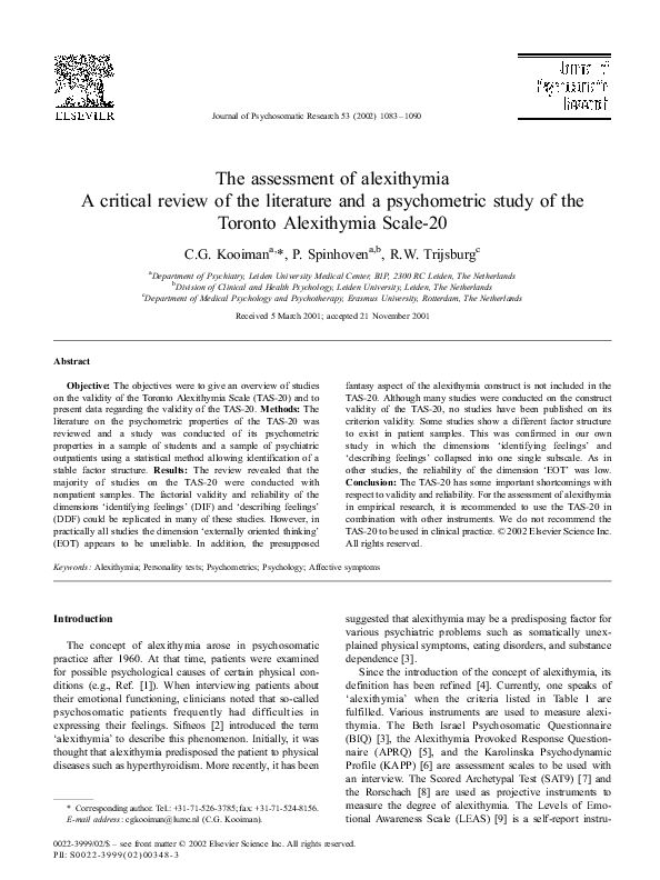 (PDF) The assessment of alexithymia