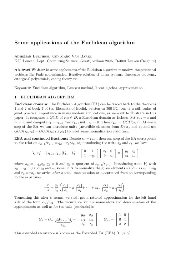 (PDF) Some applications of the Euclidean algorithm