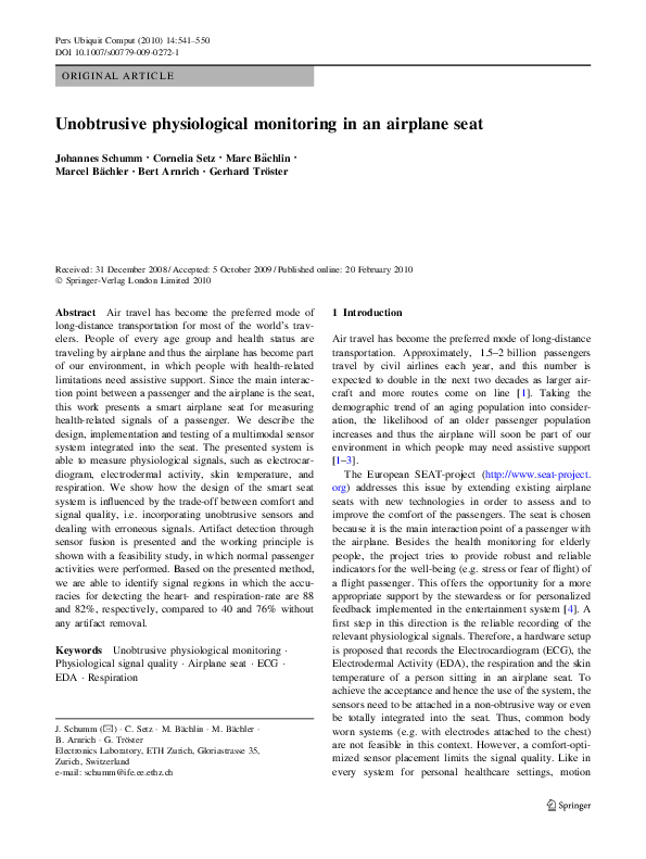 (PDF) Unobtrusive physiological monitoring in an airplane seat