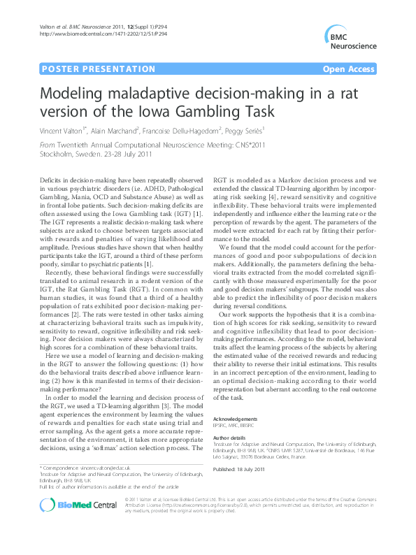 (PDF) Modeling maladaptive decision-making in a rat version of the Iowa ...