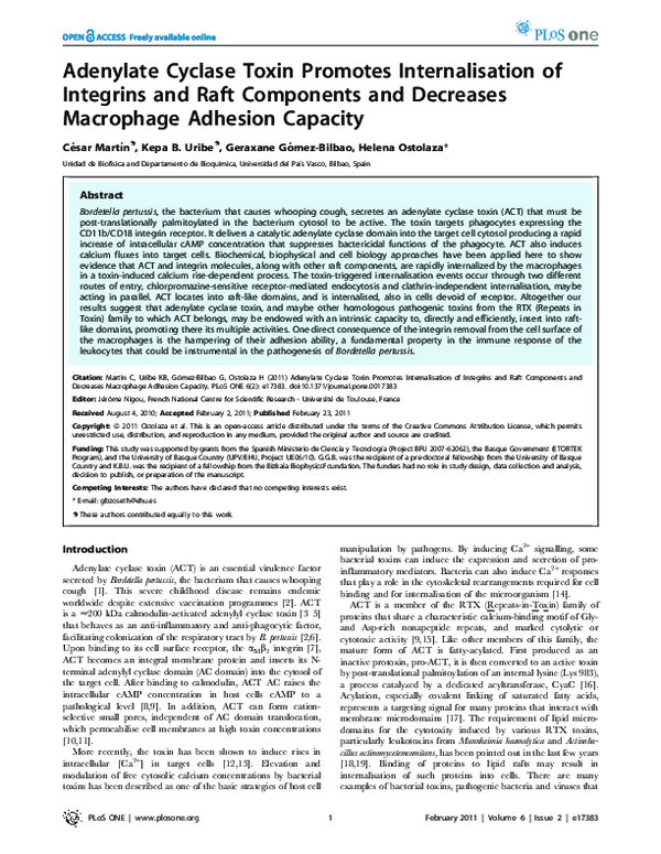 (PDF) Adenylate cyclase toxin promotes internalisation of integrins and ...