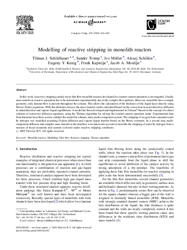 (PDF) Modelling of reactive stripping in monolith reactors