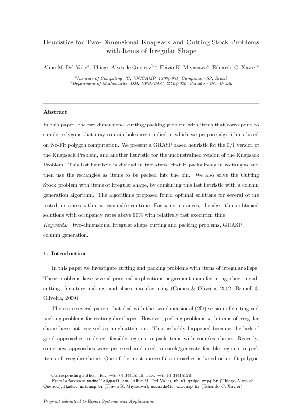 (PDF) Heuristics for Two-Dimensional Knapsack and Cutting Stock Problems with Items of Irregular ...