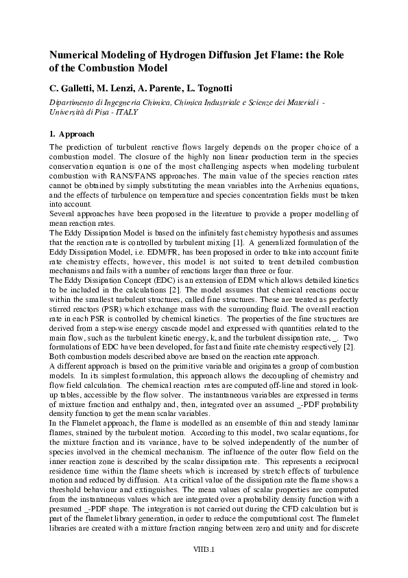 (PDF) Numerical modeling of hydrogen diffusion jet flame: the role of the combustion model
