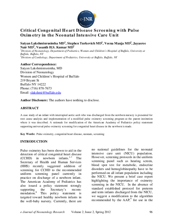 (PDF) Critical Congenital Heart Disease Screening with Pulse Oximetry ...