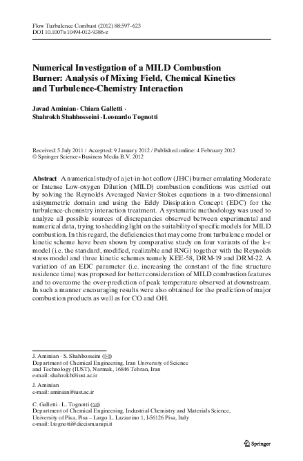 (PDF) Numerical Investigation of a MILD Combustion Burner: Analysis of Mixing Field, Chemical ...