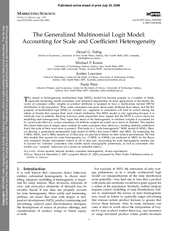 (PDF) The Generalized Multinomial Logit Model: Accounting for Scale and Coefficient Heterogeneity