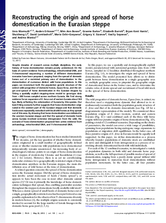 (PDF) Reconstructing the origin and spread of horse domestication in ...