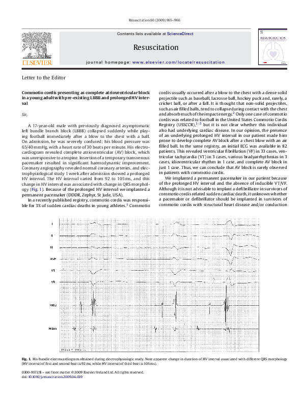 (PDF) Commotio cordis presenting as complete atrioventricular block in ...
