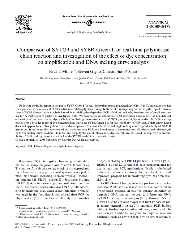 Pdf Comparison Of Syto9 And Sybr Green I For Real Time Polymerase Chain Reaction And