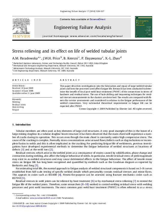 (PDF) Stress relieving and its effect on life of welded tubular joints