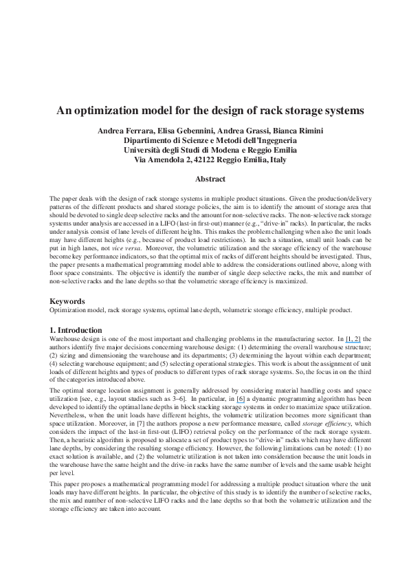 (PDF) An optimization model for the design of rack storage systems