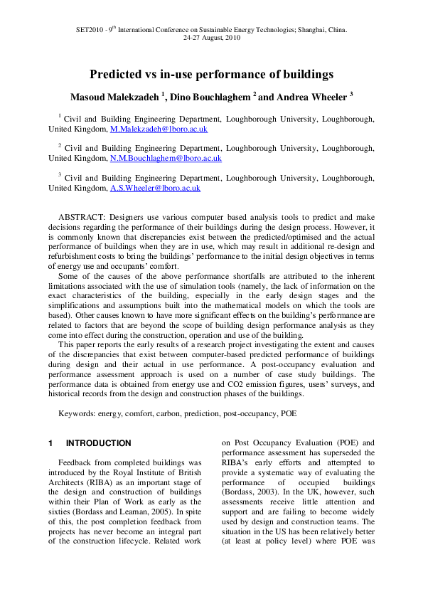(PDF) Predicted vs in-use performance of buildings
